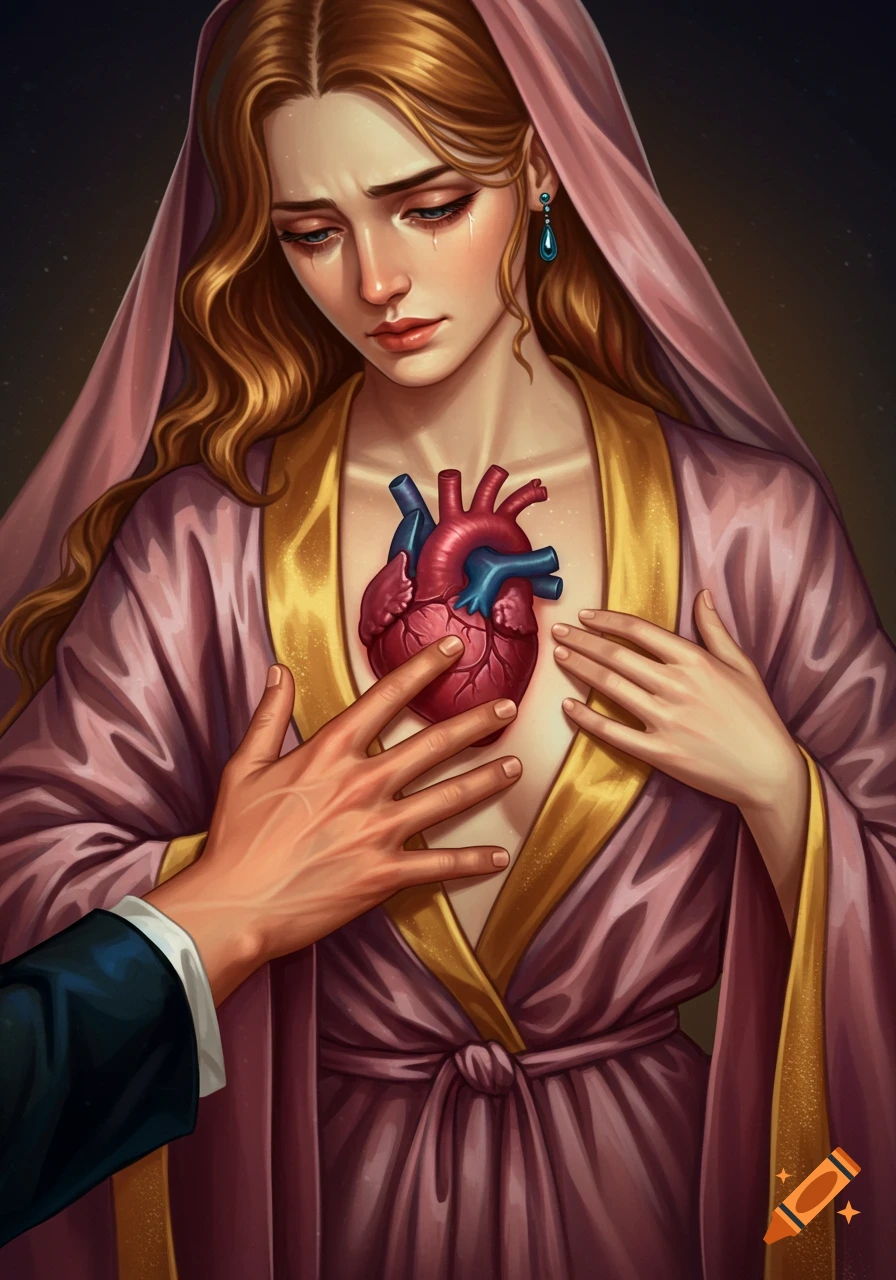 Illustration of a woman in a robe holding a heart as a man's hand ...