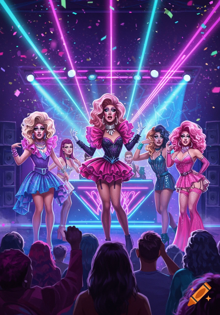 Drag performers on stage bathed in neon lights and confetti, viewed ...