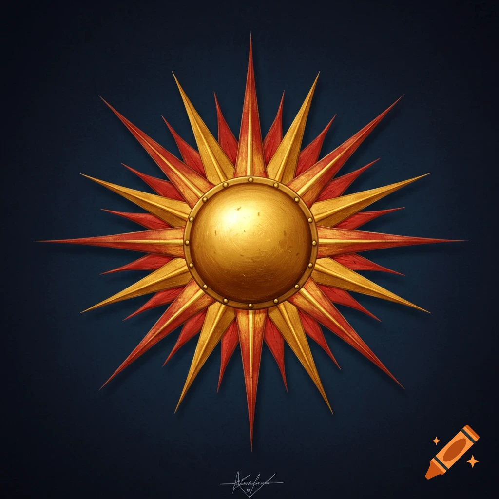 A golden and red multipoint sunburst symbol on a dark blue background ...