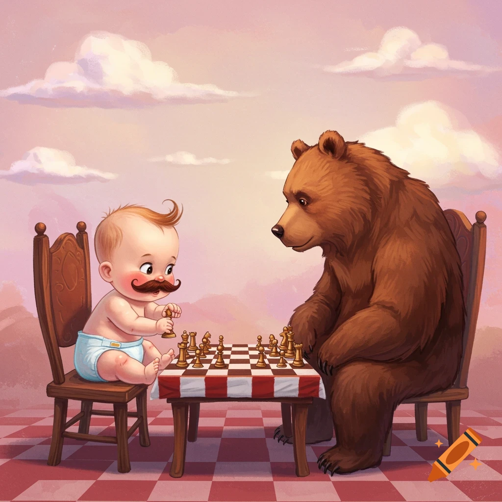 Whimsical illustration of a baby with a mustache playing chess against ...