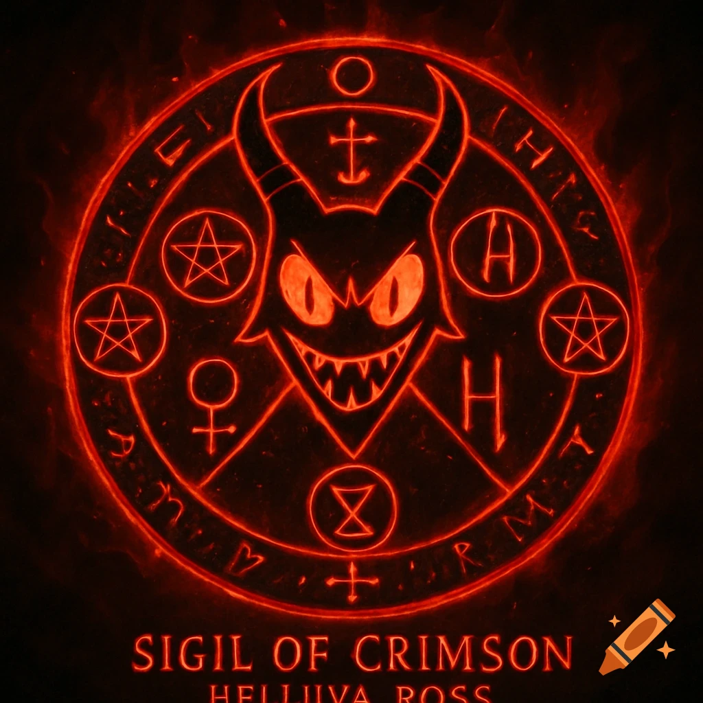 Red glowing sigil with a devil face and symbols on Craiyon