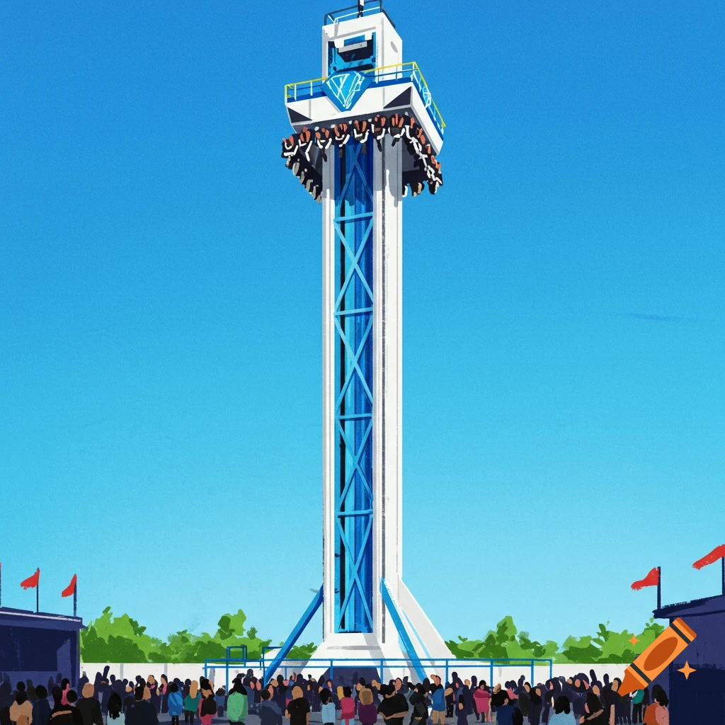 Illustration of a tall white and blue drop tower ride at an amusement ...