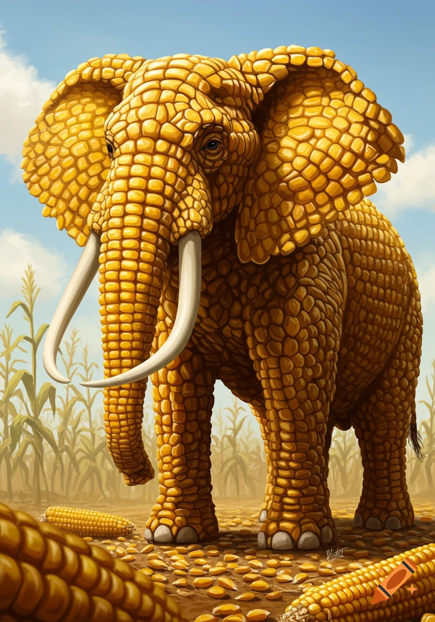 An elephant made of corn stands in a cornfield. on Craiyon