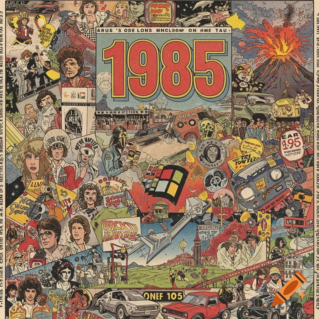 Busy illustration collage featuring people, cars, events, and symbols ...