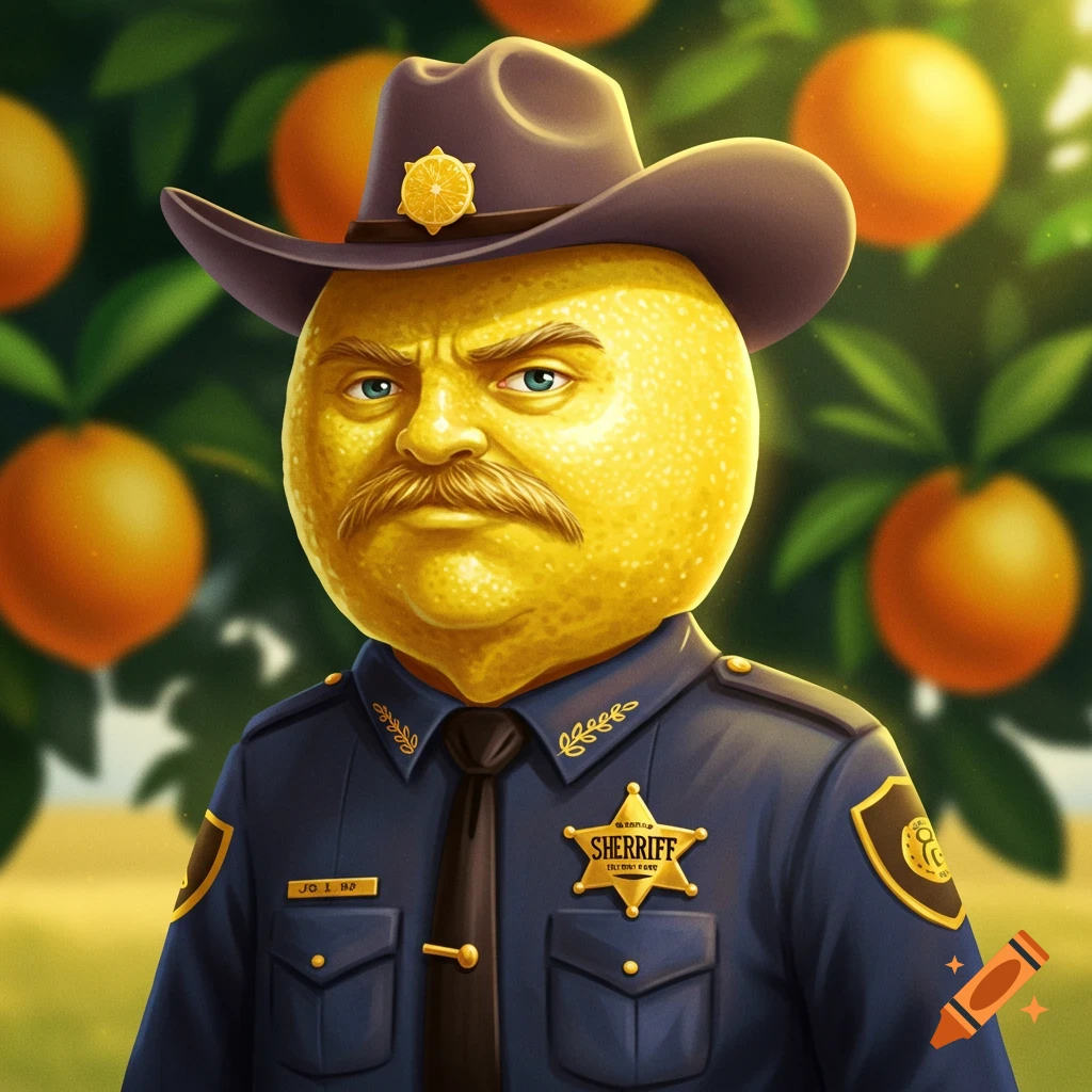 A lemon with a mustache wearing a sheriff's uniform and hat stands in ...