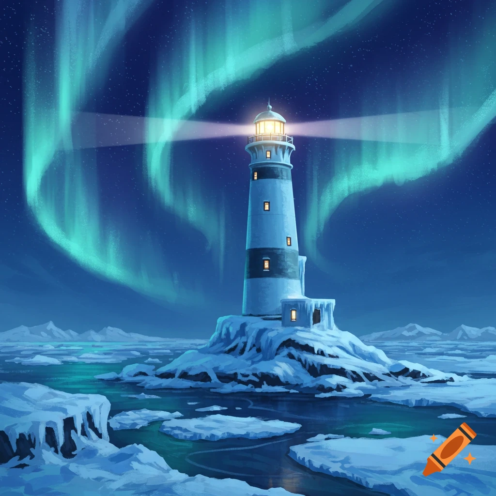 A lighthouse stands on an icy rock under a green aurora borealis in a ...