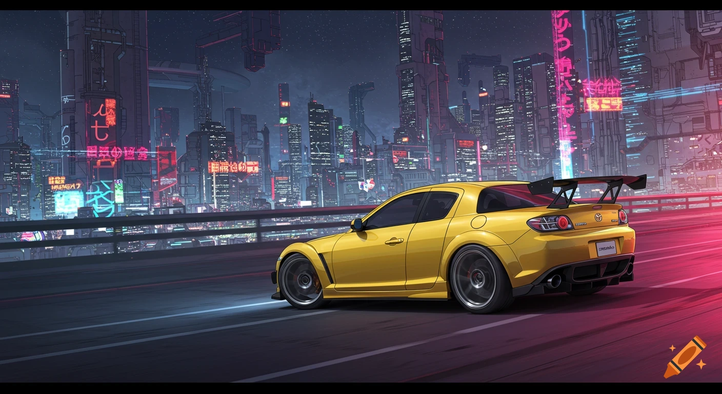 A yellow Mazda RX-8 drives through a cyberpunk city at night in an ...