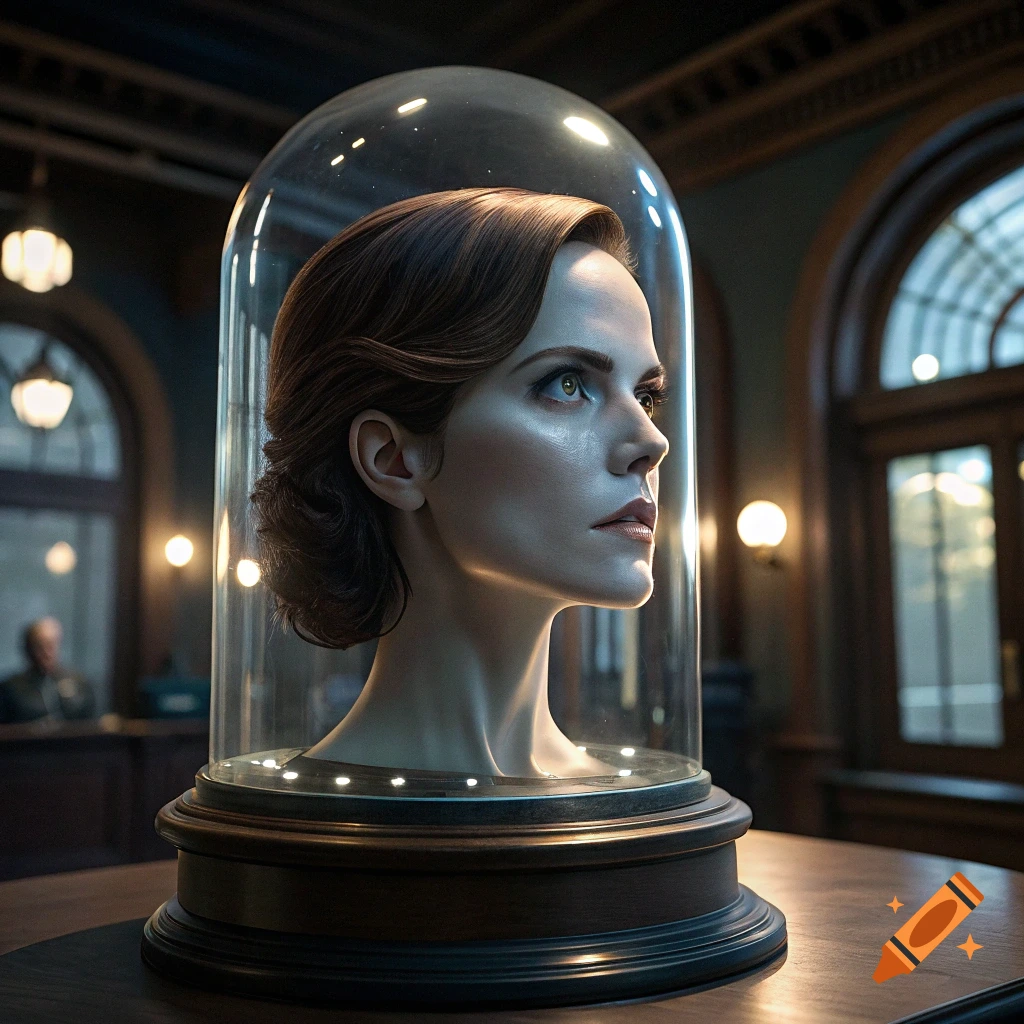 Woman's head in a glass dome display case inside a room. on Craiyon