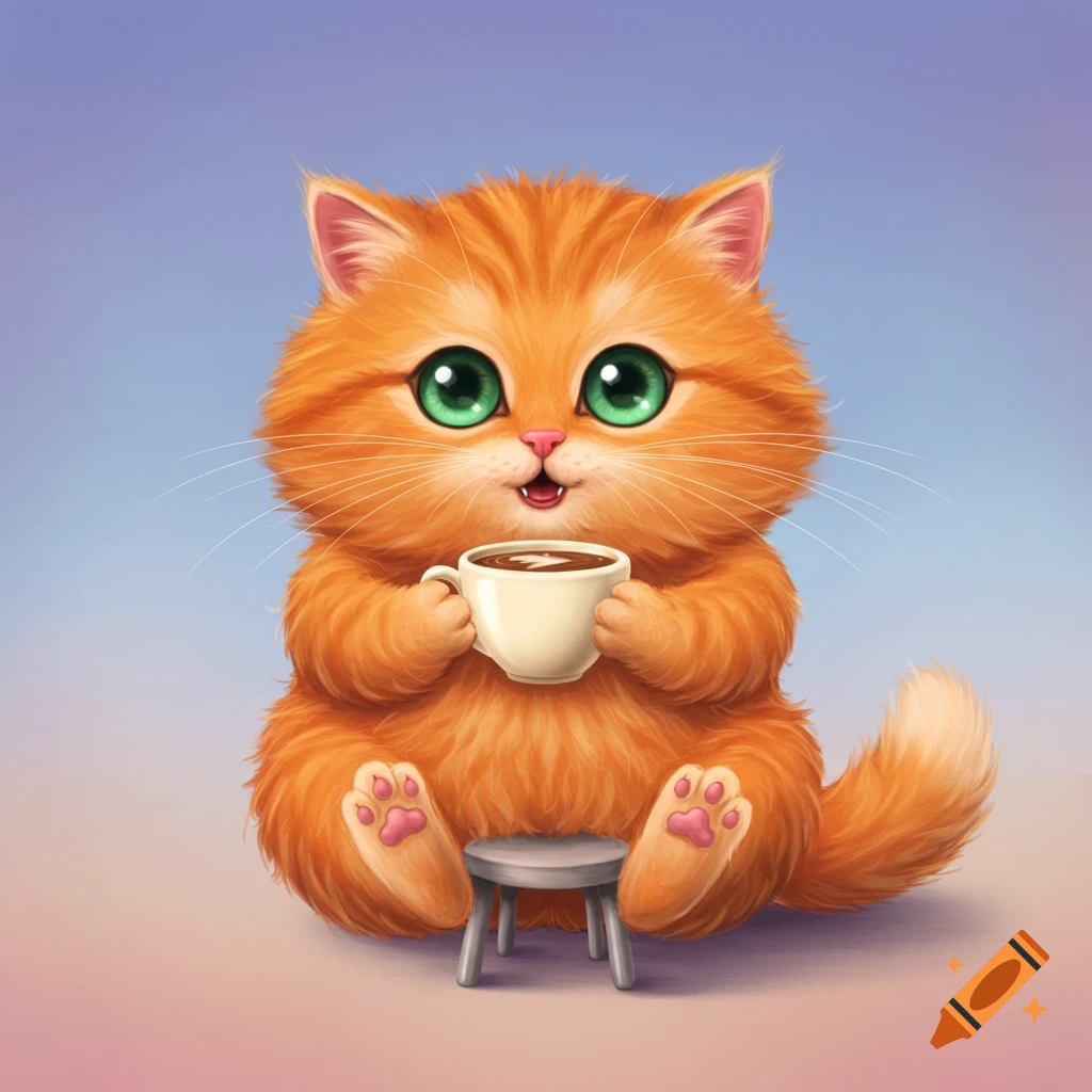 A cute cartoon ginger cat sits and holds a cup of coffee. on Craiyon
