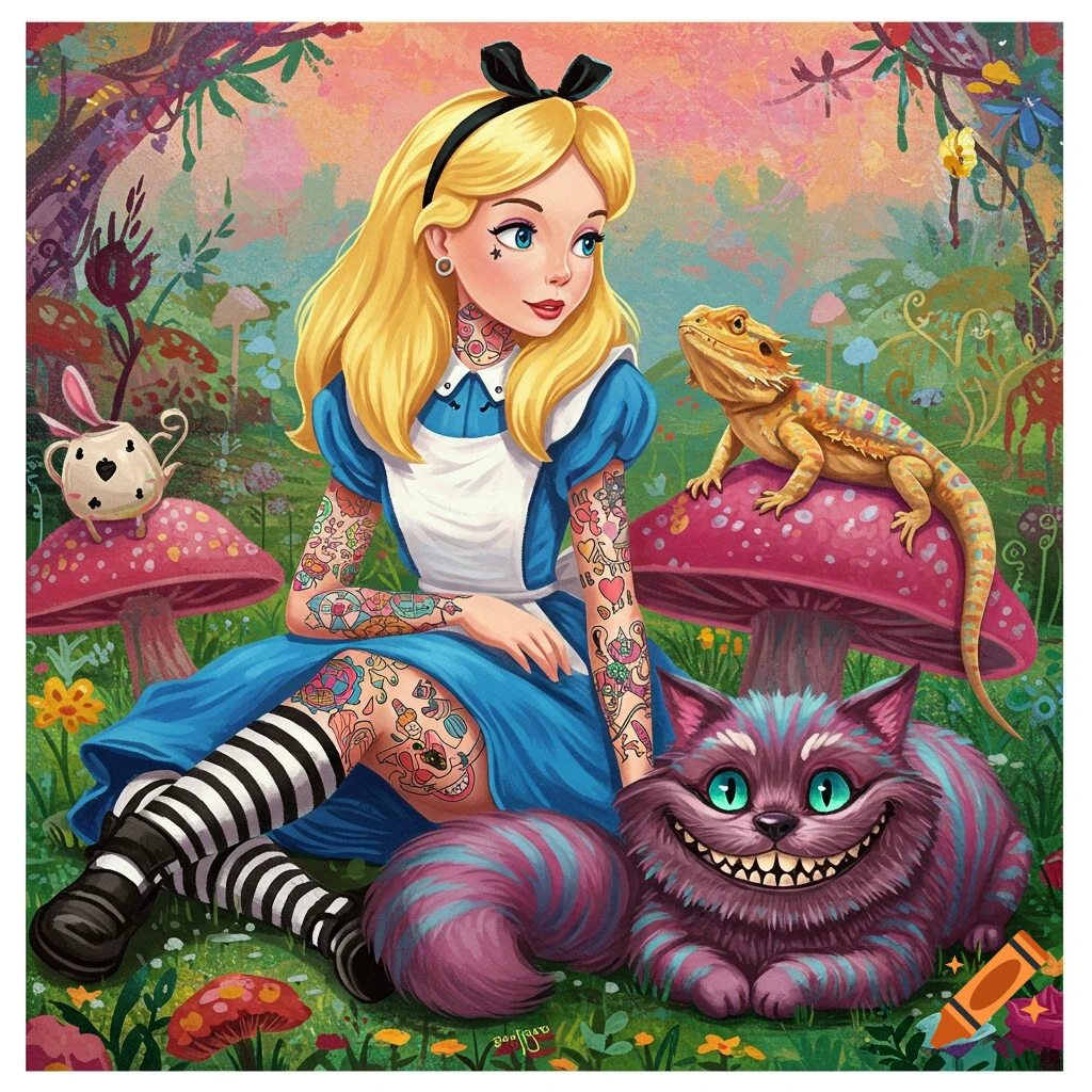 Alice from Alice in Wonderland with tattoos, a bearded dragon, and a Cheshire Cat in a whimsical ...