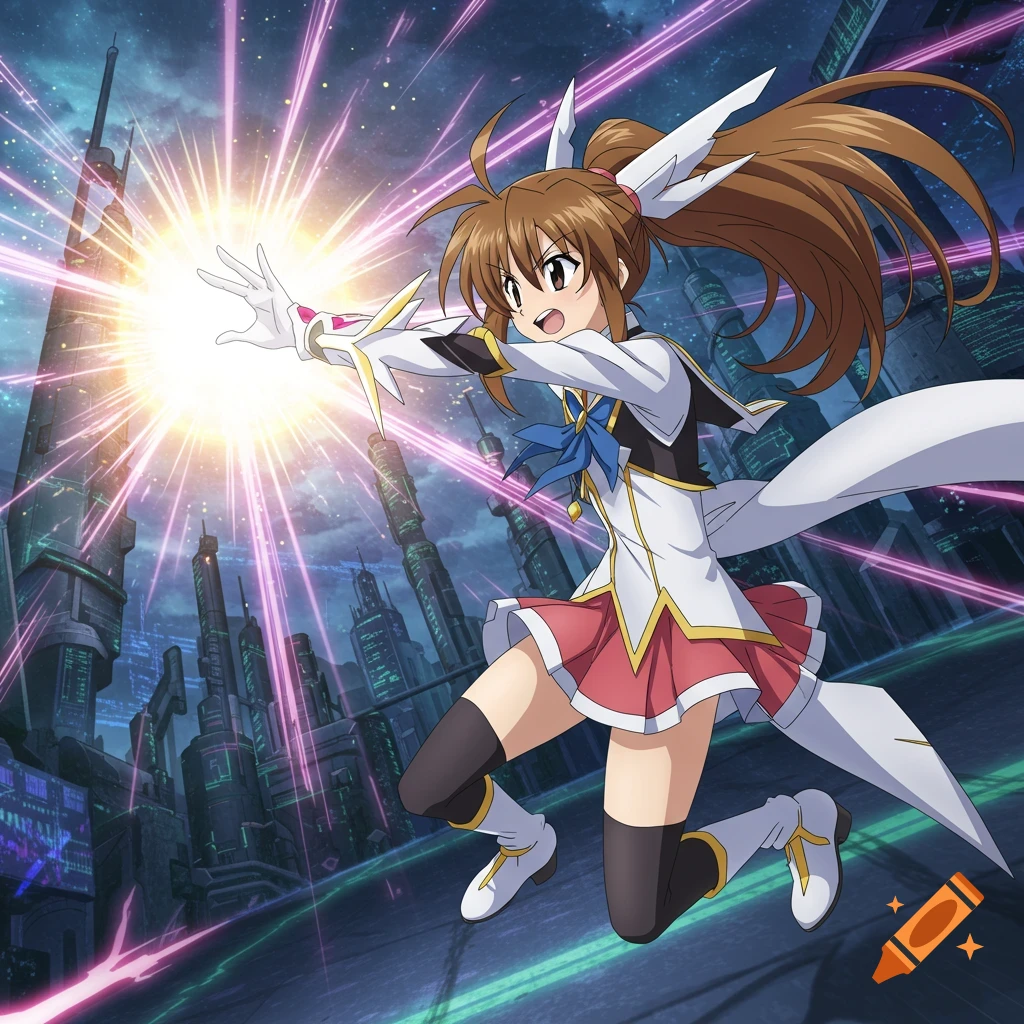 Anime girl charges a powerful energy blast in a futuristic city. on Craiyon