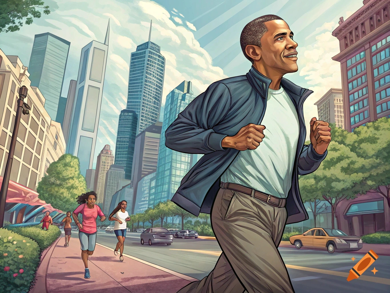 Illustrative image of Barack Obama running in a city with other people ...
