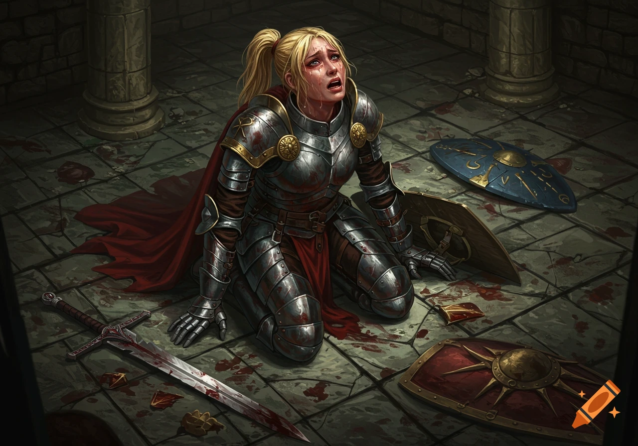 A defeated female warrior in bloody armor kneels crying in a stone room ...