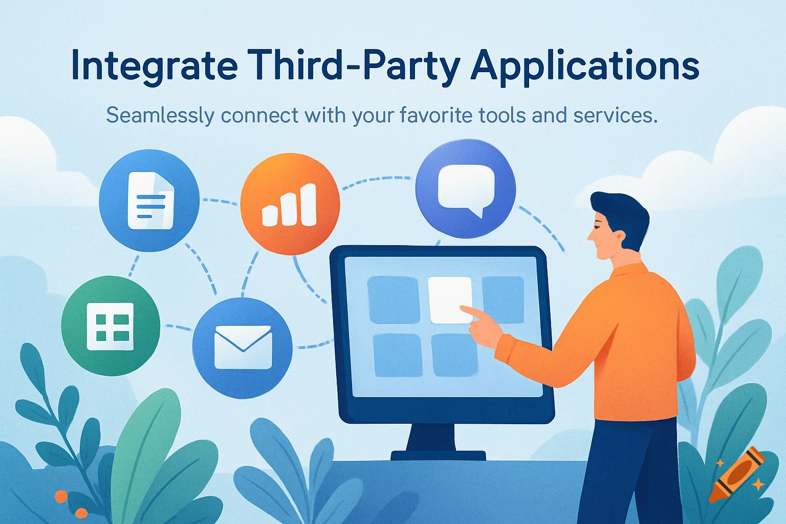 Illustration of a person integrating applications on a computer screen ...