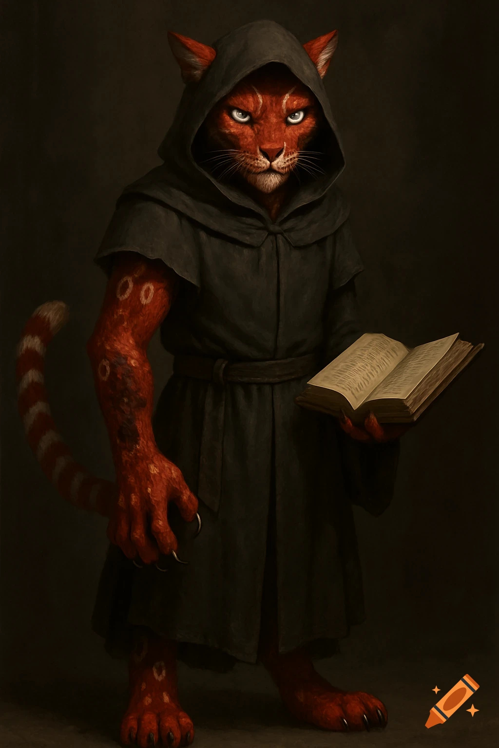 A red-furred anthropomorphic cat wizard in dark robes holds an open book, looking solemn and ...