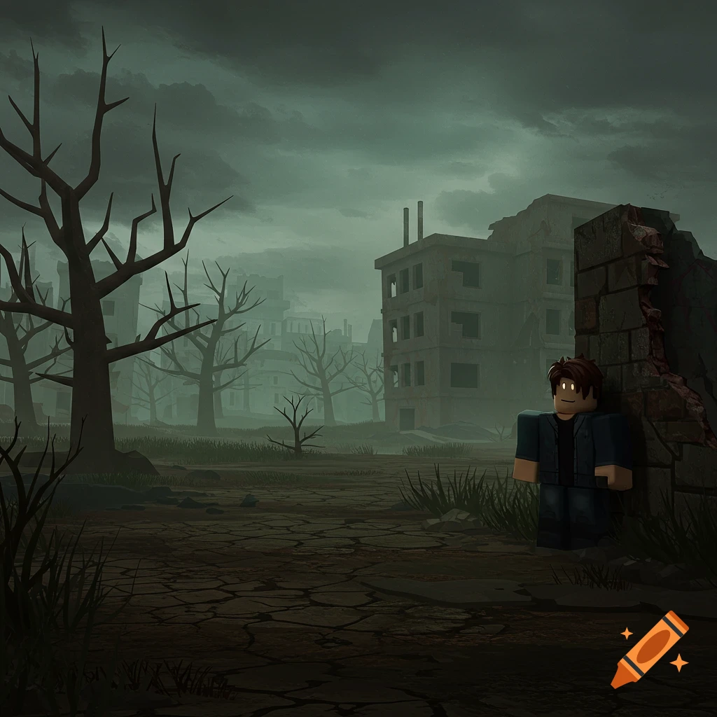 Roblox character in a ruined city landscape with bare trees under a ...