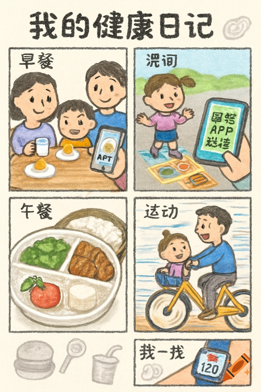 A multi-panel comic strip in a crayon style depicting a family's ...