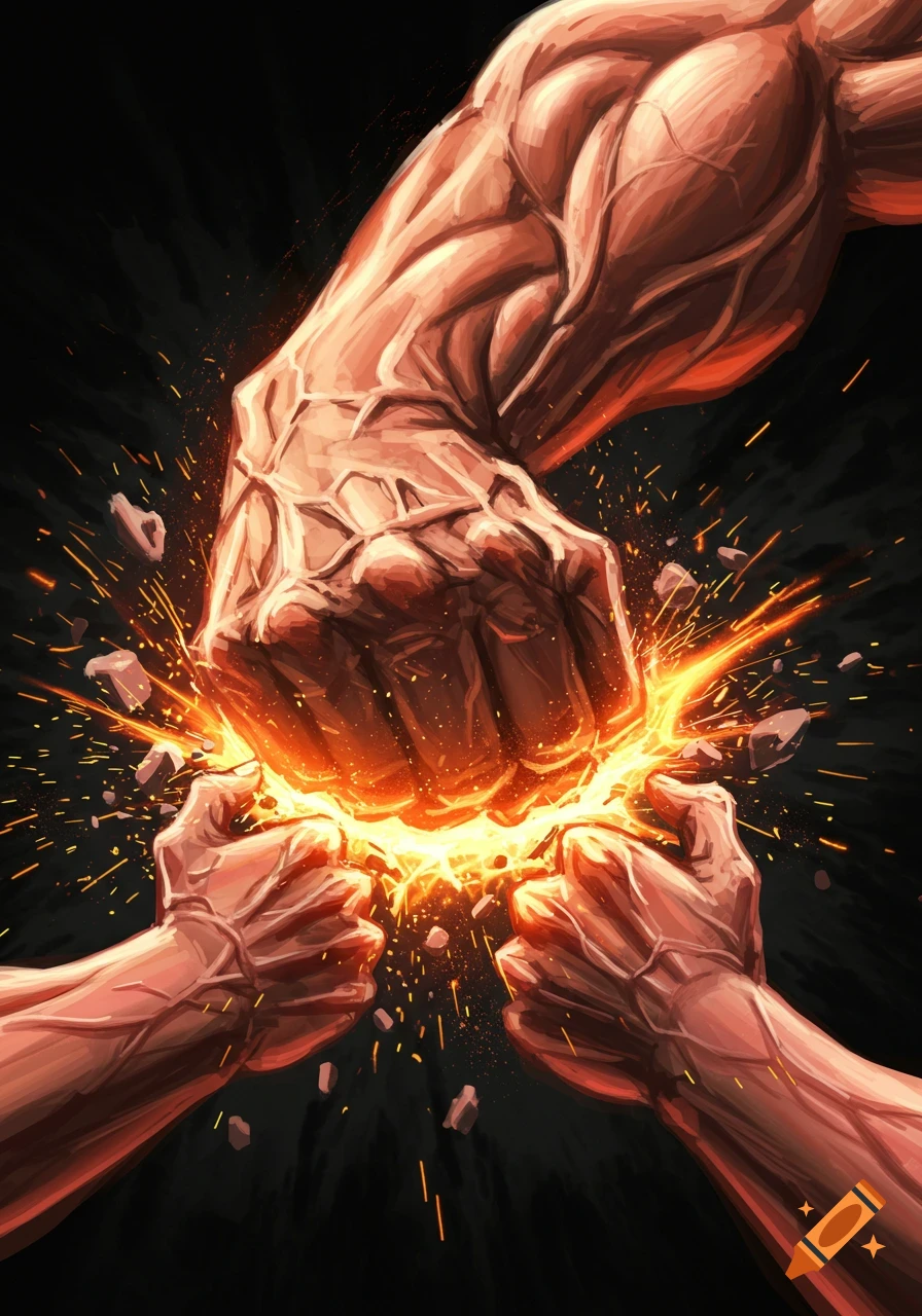 A large muscular fist punches two smaller fists, causing a fiery ...