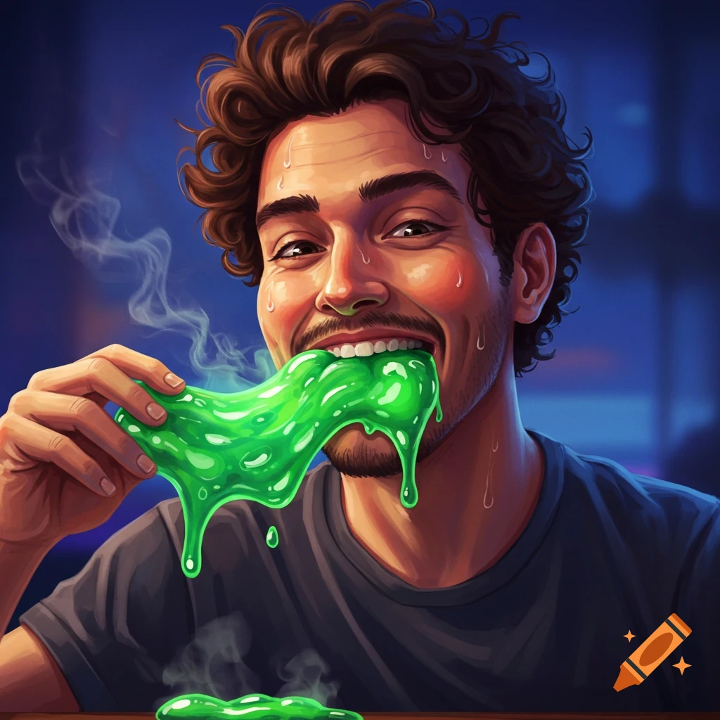 An illustrated portrait of a man eating bright green slime. on Craiyon