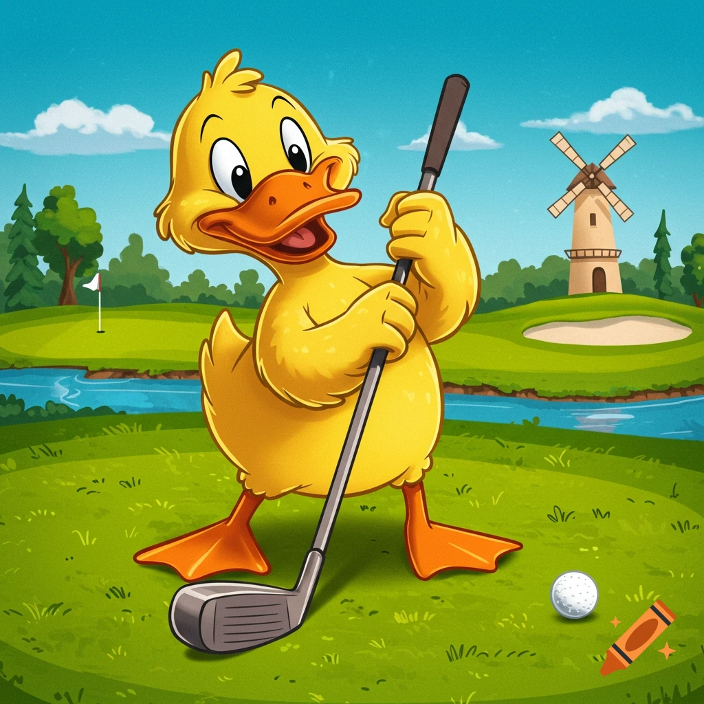 A cartoon duck on a golf course, holding a golf club and smiling. on ...