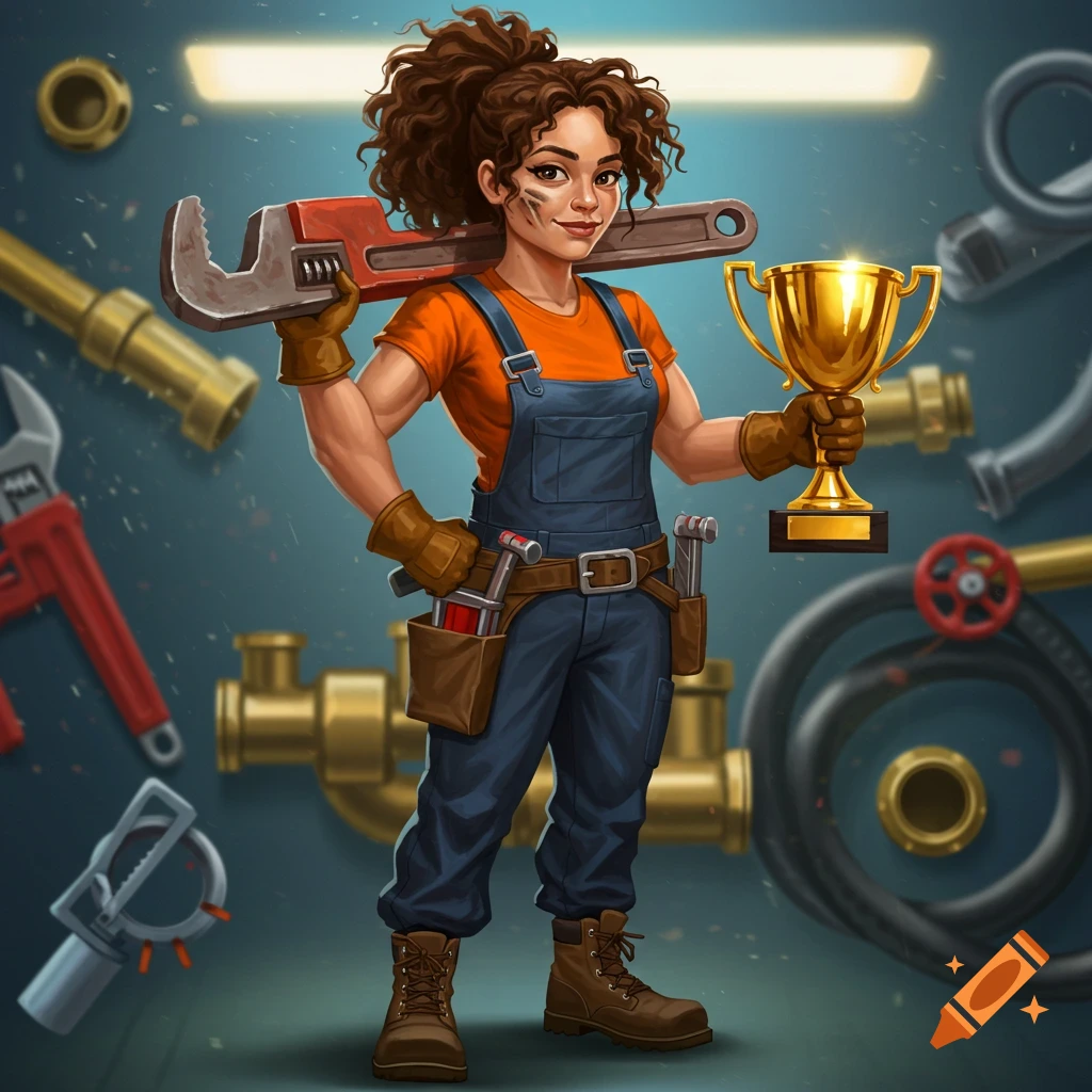 Illustration of a female plumber holding a wrench and a trophy ...