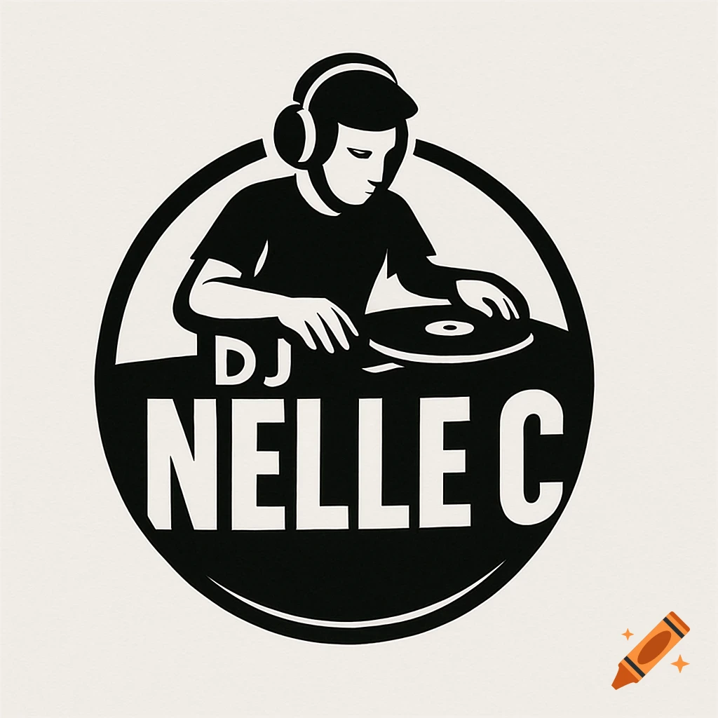 Stylized black and white logo of a DJ wearing headphones at a turntable ...