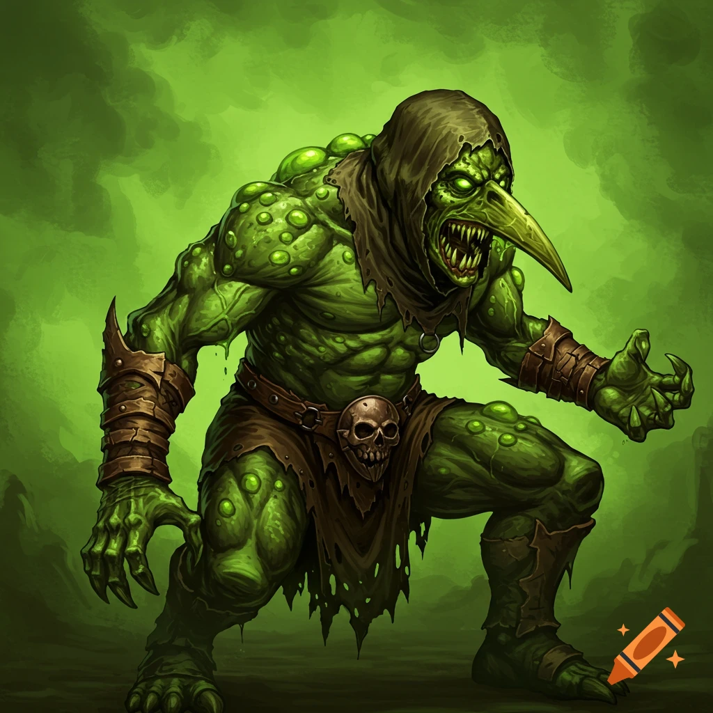 Illustration of a green plague monster with a beak-like face and buboes ...