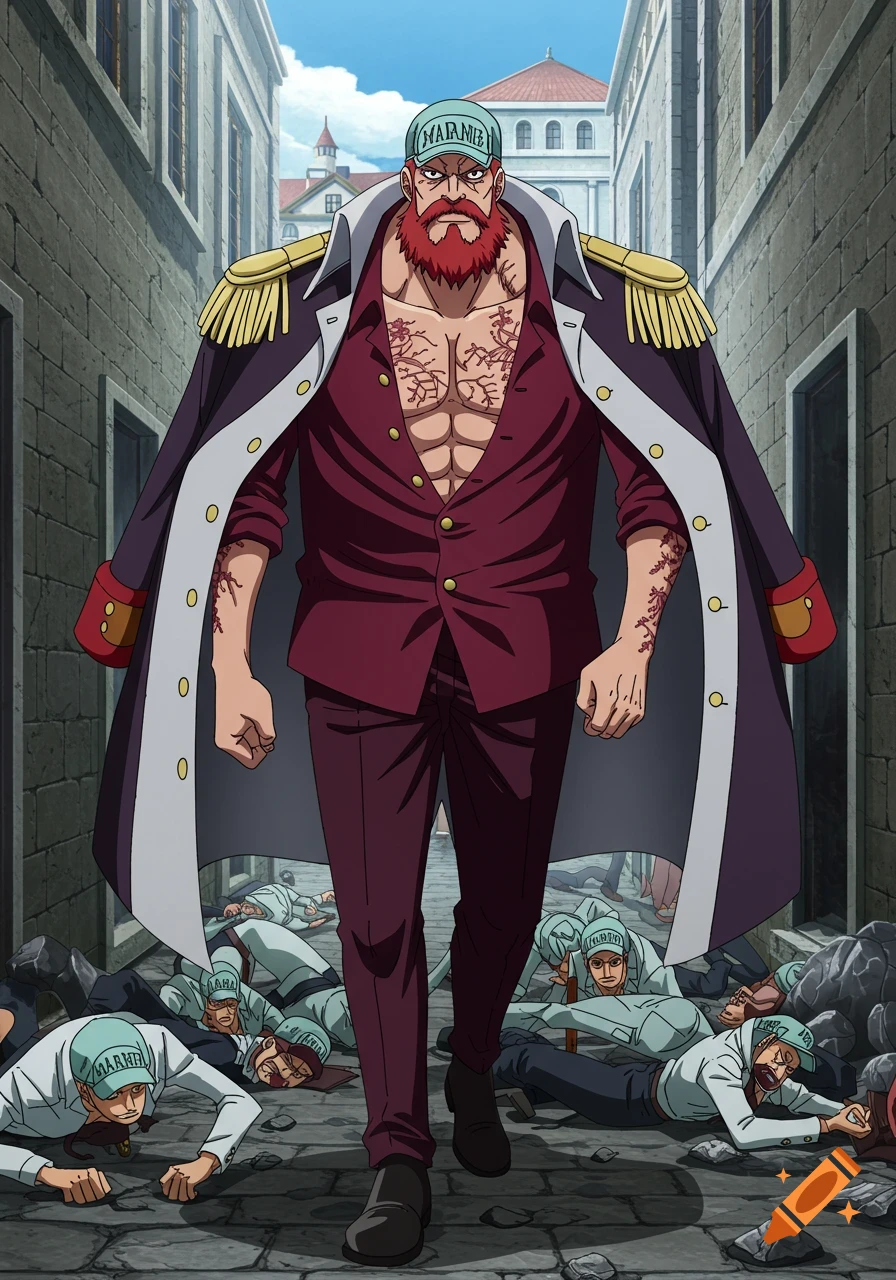 Anime image of a red-bearded man in a coat walking over defeated ...