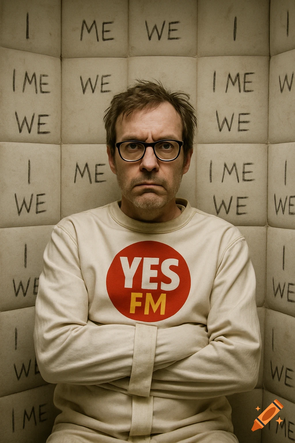 Man in straitjacket and glasses in a padded room with text on walls, wearing a YES FM shirt. on ...