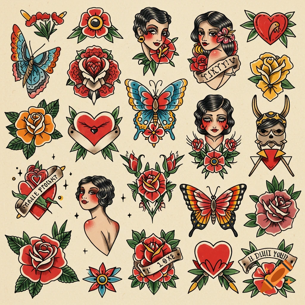Sheet of neo-traditional tattoo designs with roses, butterflies, hearts ...