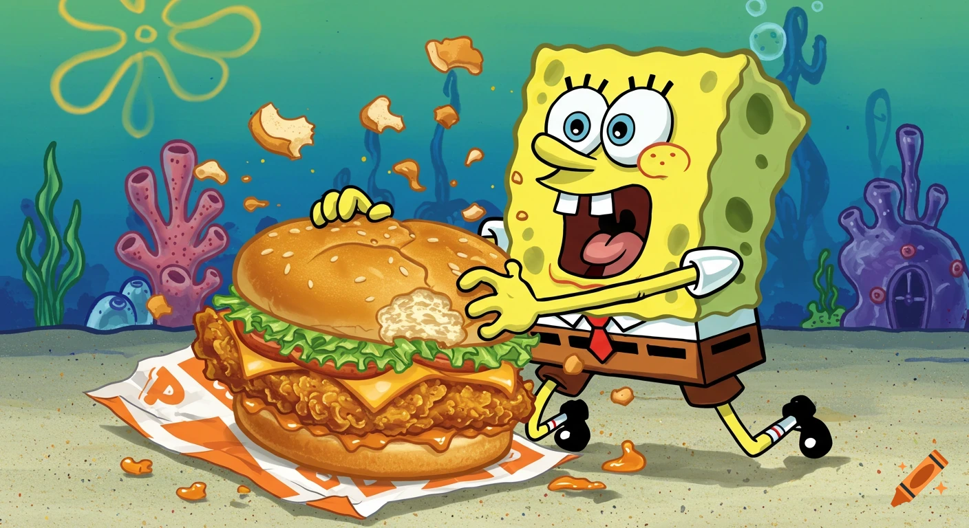 Cartoon Spongebob excitedly grabs and bites a large chicken sandwich ...