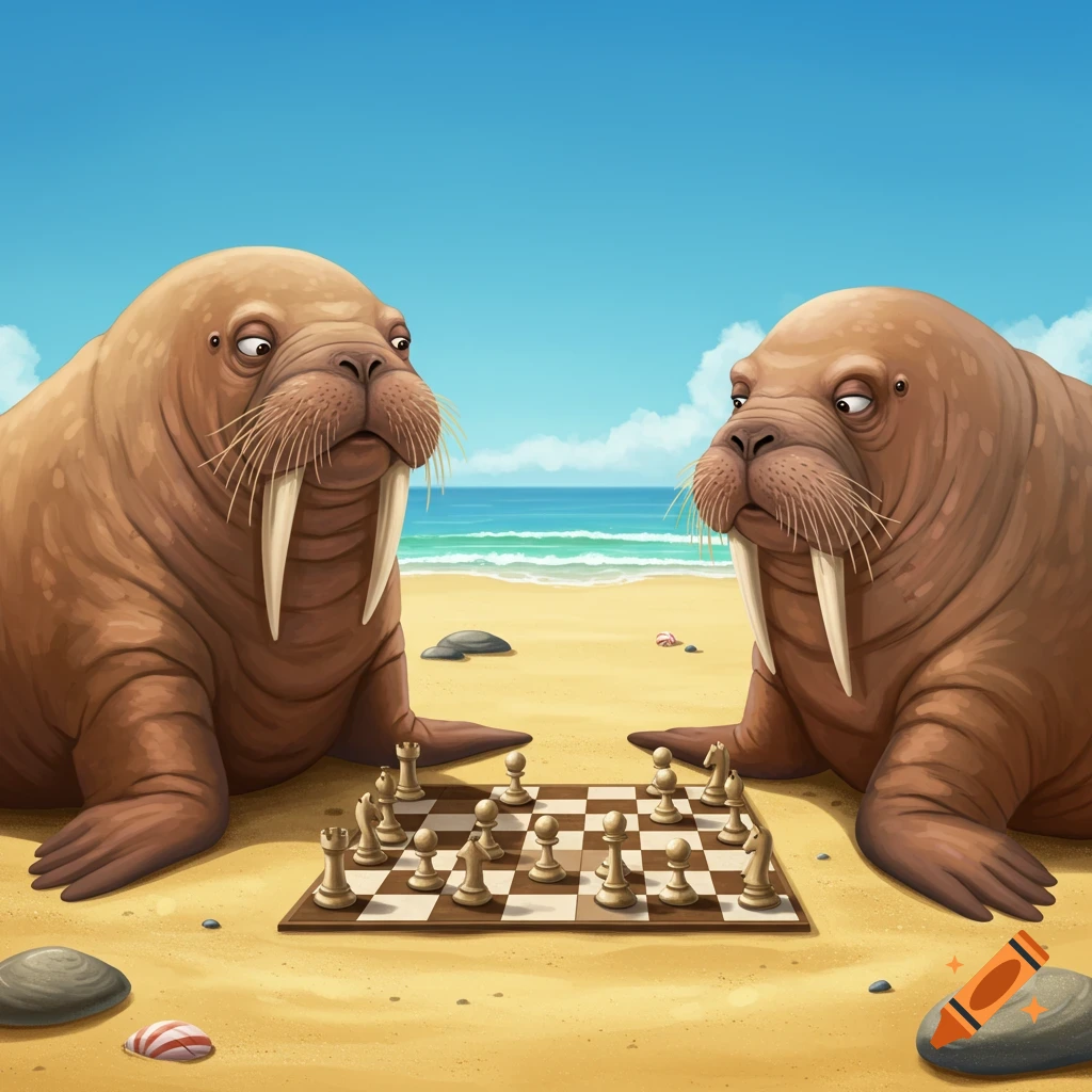 Illustrative image of two walruses playing chess on a beach. on Craiyon