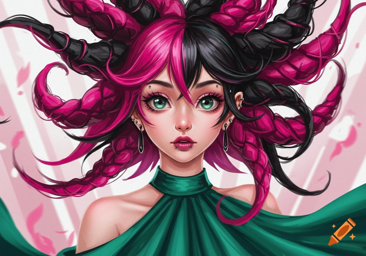 Anime illustration of a girl with pink and black split hair, facial ...