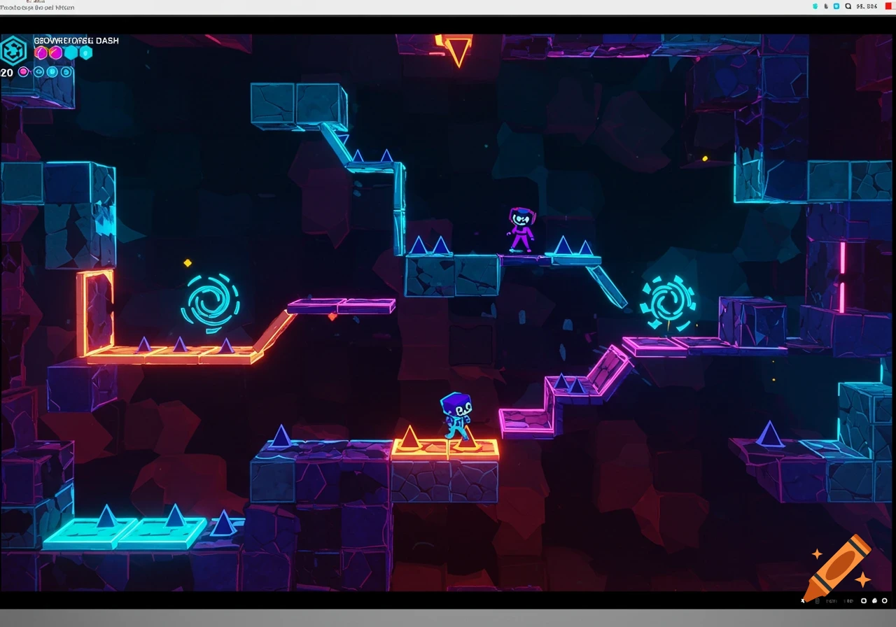 2D platformer video game scene with neon platforms and small characters on Craiyon