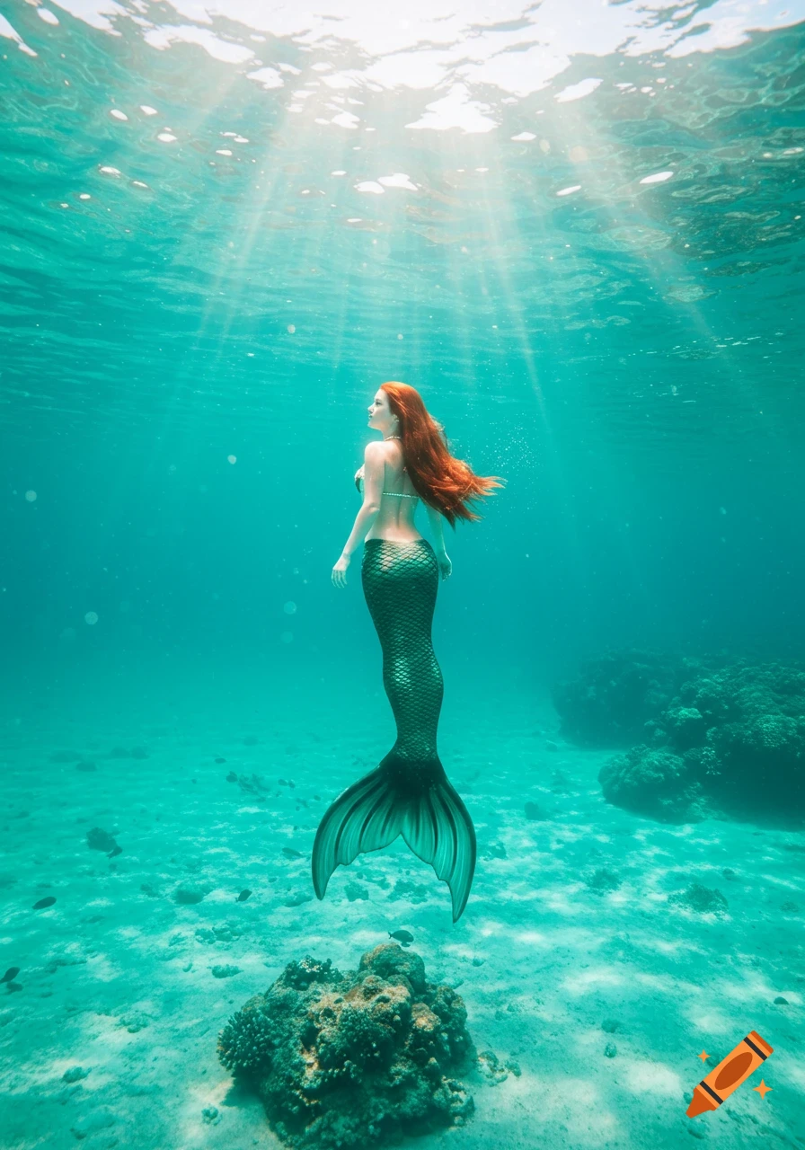 Mermaid with red hair swimming underwater with sun rays. on Craiyon