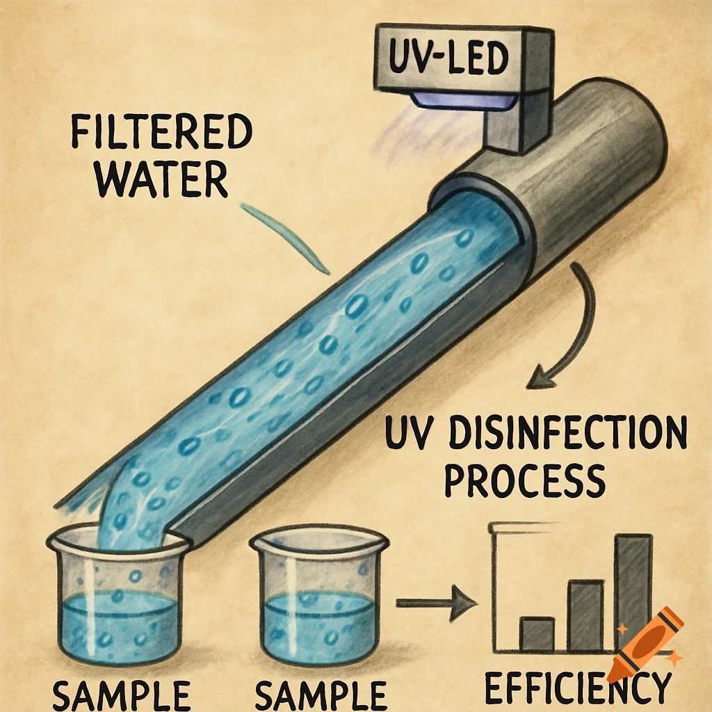 Diagram illustrating a UV water disinfection process in a pipe, showing filtered water, UV-LED ...