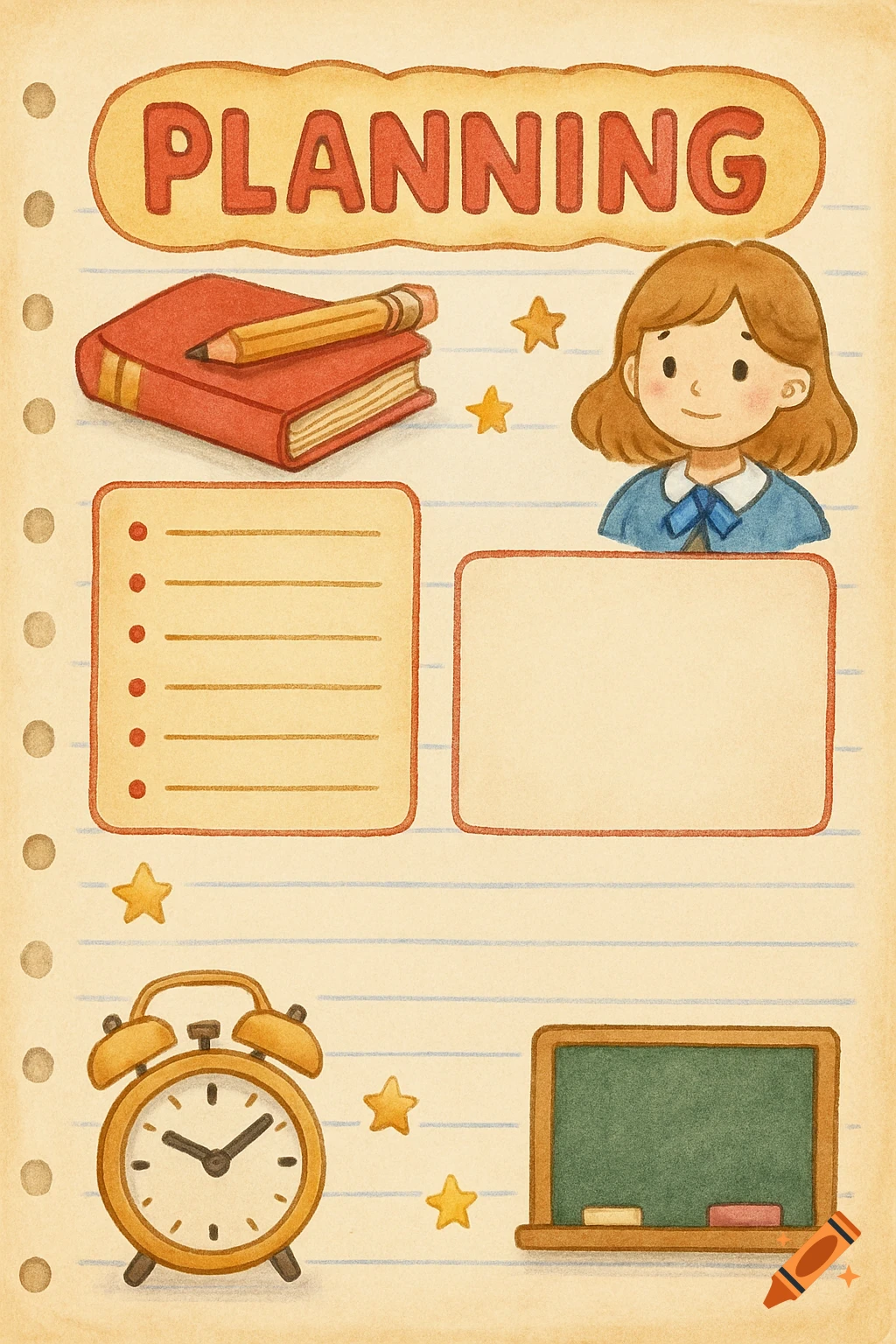 Cartoon style planning page on lined paper with title "PLANNING ...