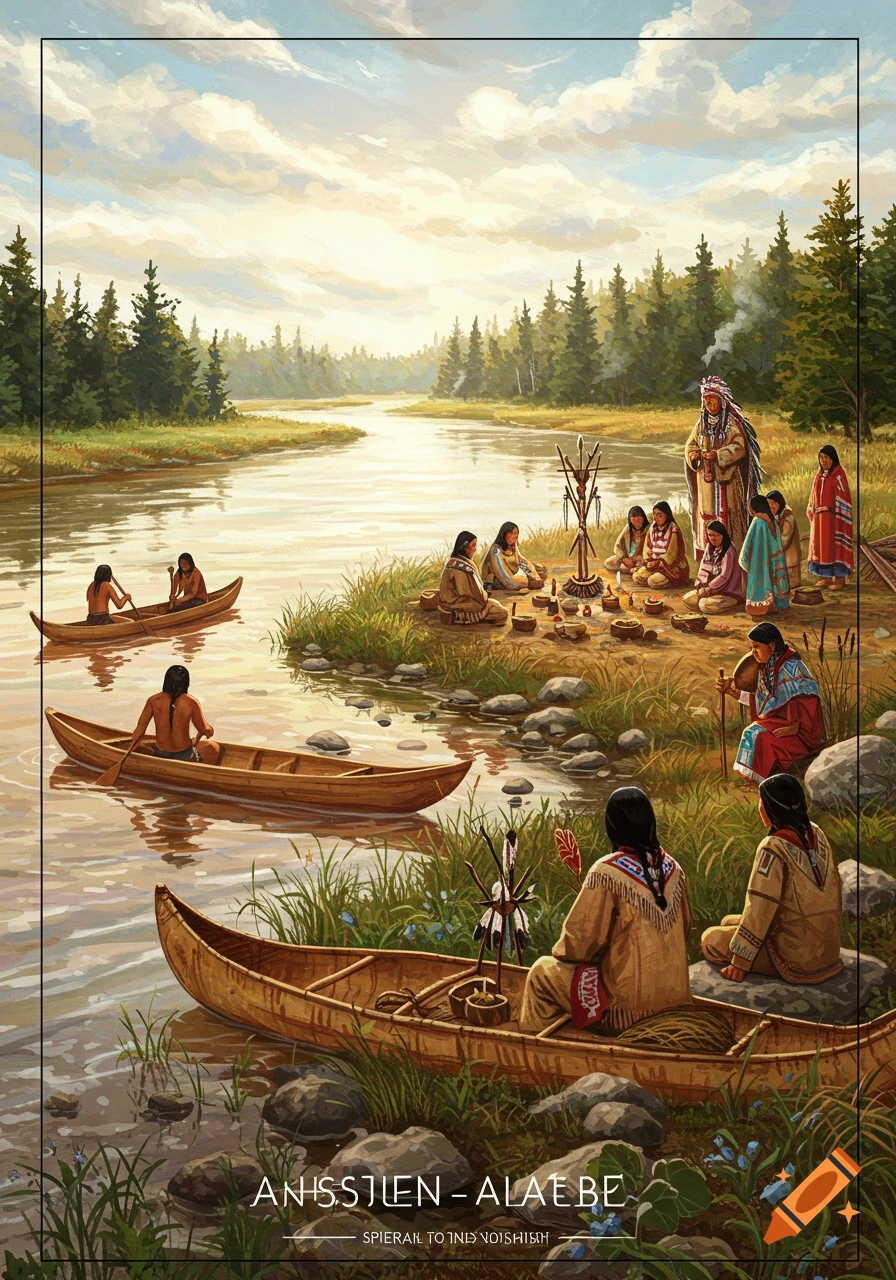 Painting of Native Americans fishing in canoes and gathering on the ...