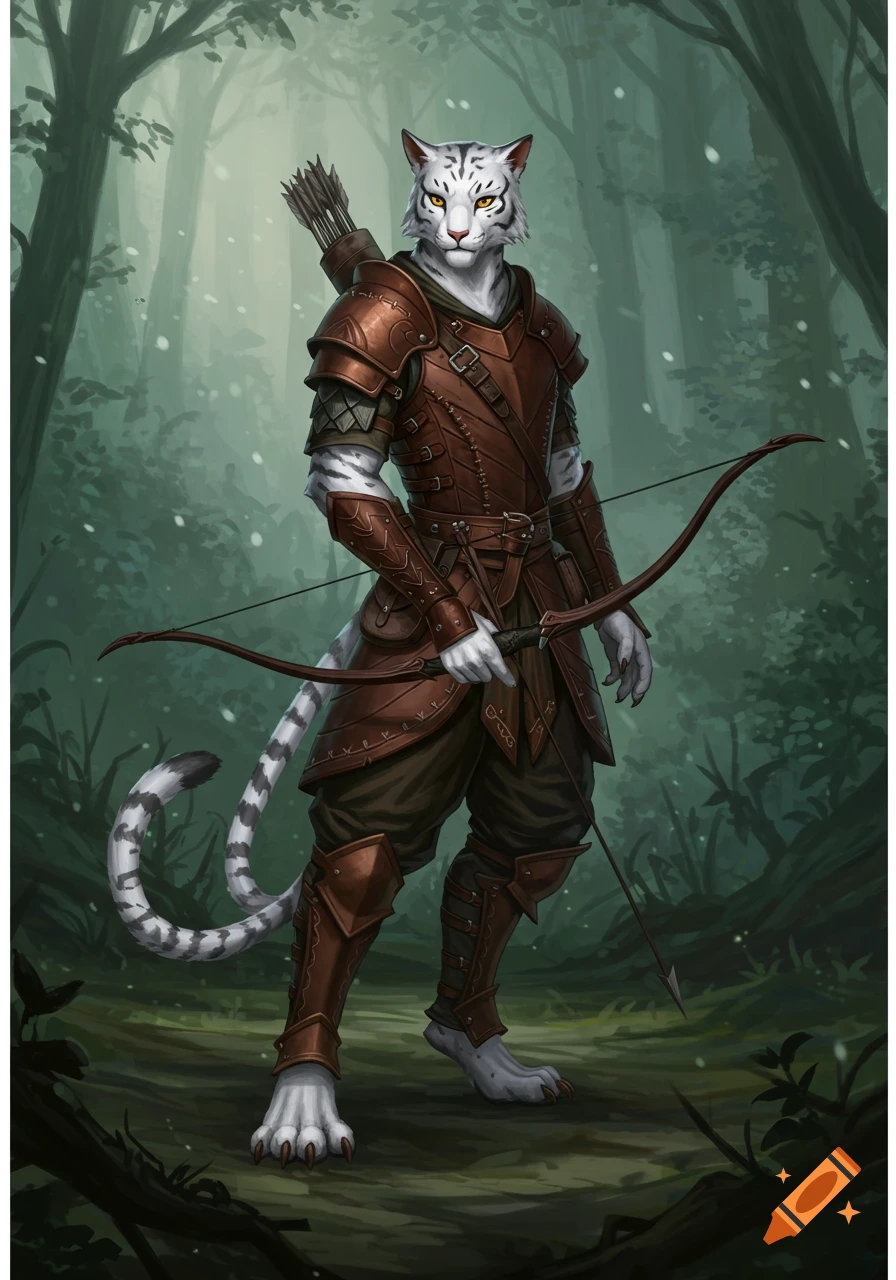 White catfolk archer in leather armor stands in a forest with bow and arrow. on Craiyon