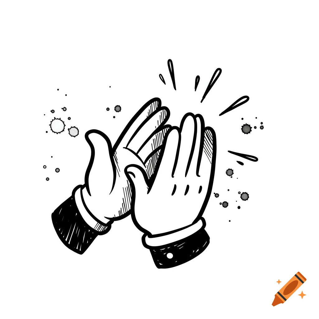 A hand-drawn sketch of two cartoon hands clapping with splatter effects ...