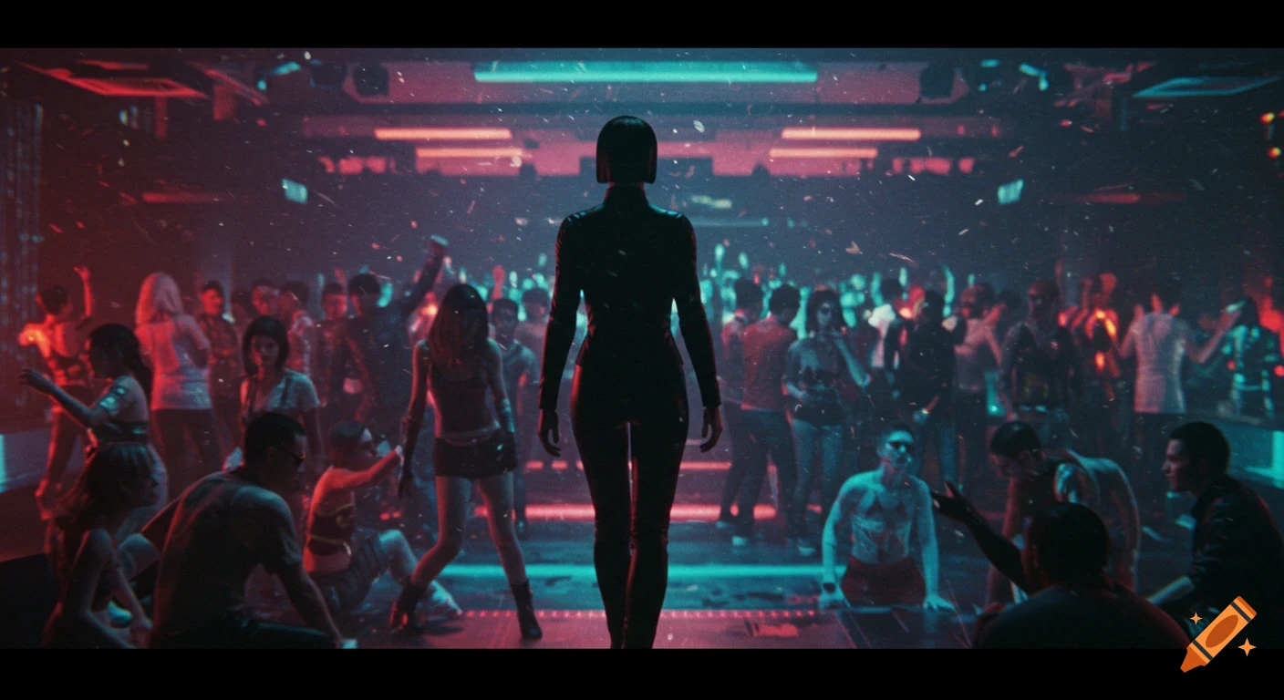 Silhouetted figure walking through a crowded, futuristic nightclub lit ...