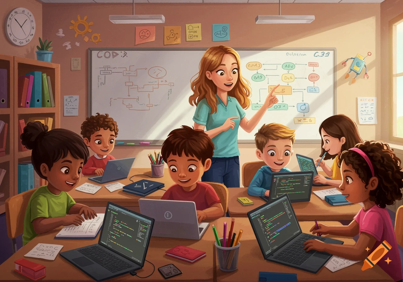 Illustration of a teacher in a bright classroom with diverse students ...