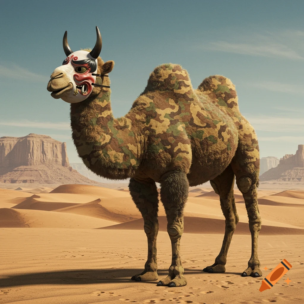 A camel with camouflage fur wears a mask in a desert landscape. on Craiyon