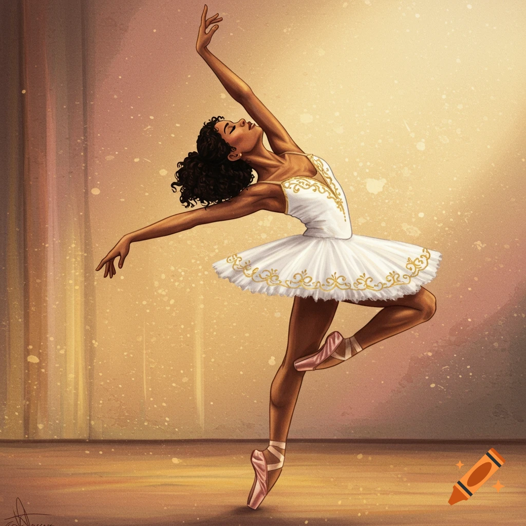 Illustration of a ballerina in a white tutu dancing on a stage on Craiyon