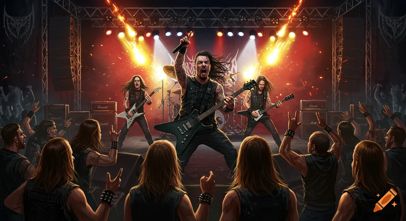 An illustration of a metal band performing on stage with pyrotechnics ...