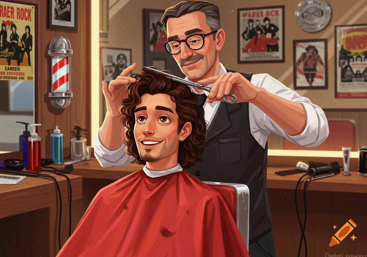 Illustration of a man getting a haircut from a barber. on Craiyon
