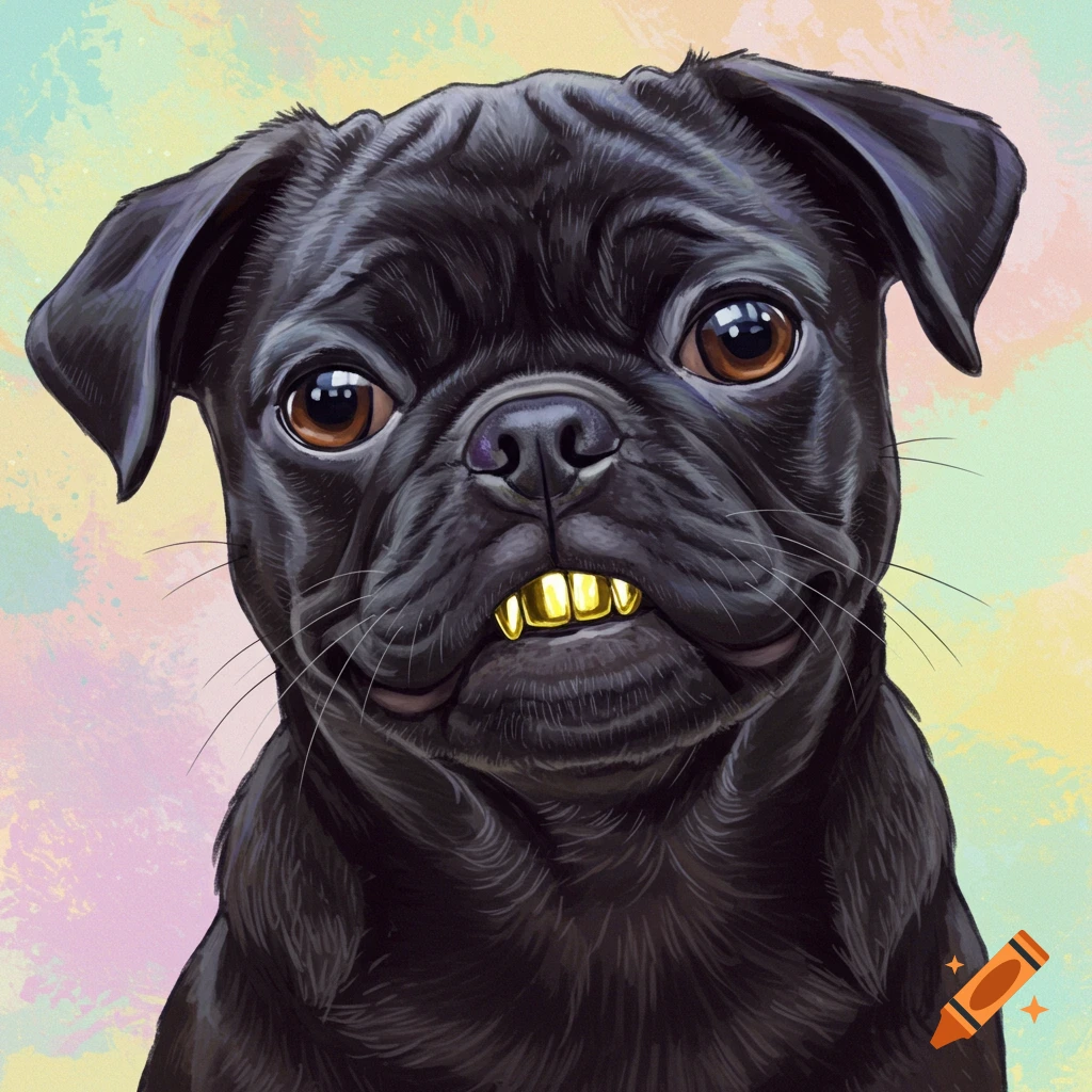 A black pug wearing gold teeth on Craiyon