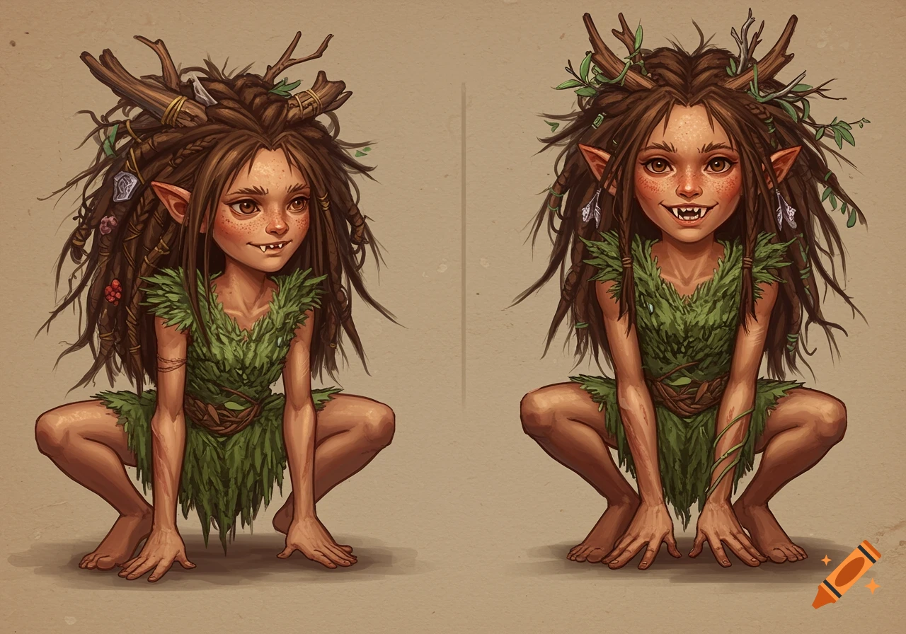 Two concept art full body views of a crouching feral fantasy girl with ...