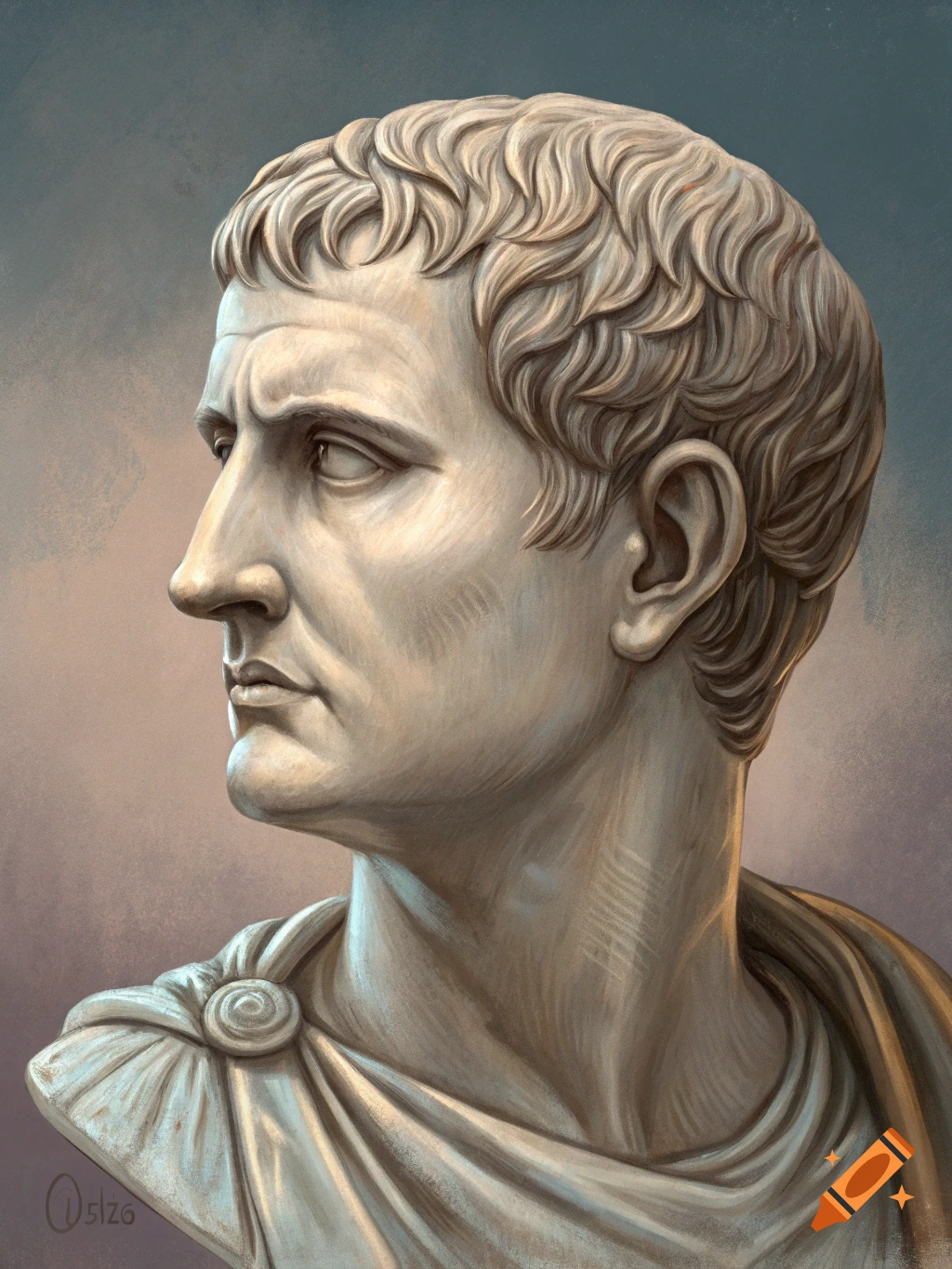 A stone bust of a Roman man in profile, looking left, wearing a toga ...