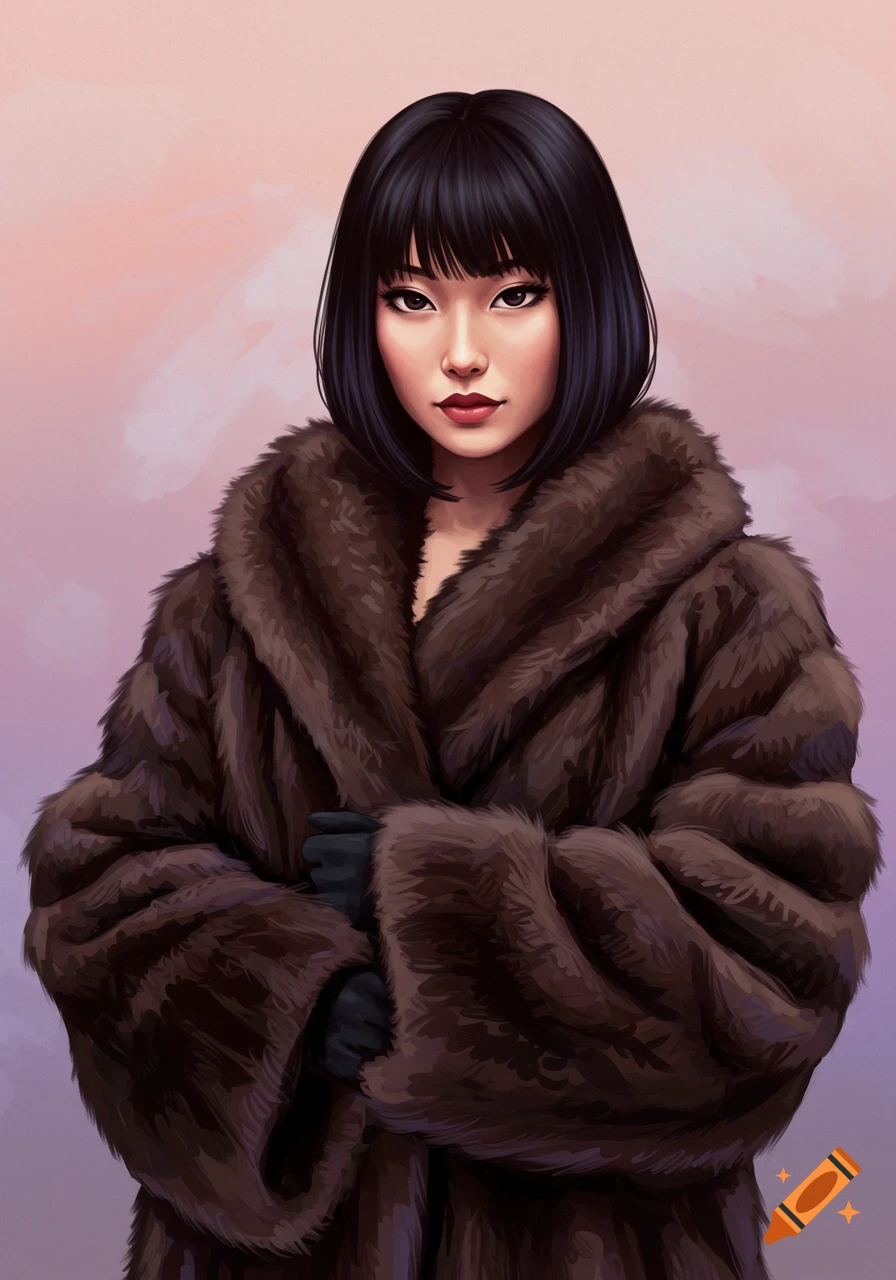 Stylized portrait of a Japanese woman wearing a brown fur coat on Craiyon